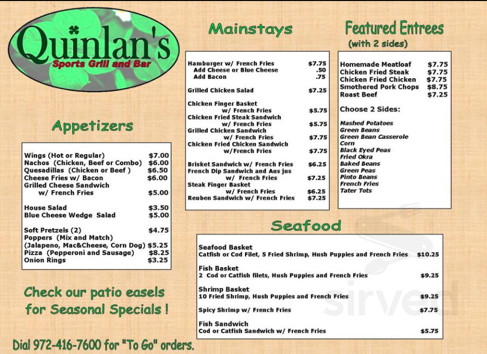 Menu - Carrollton TX's Quinlan's Bar and Grill | Sirved
