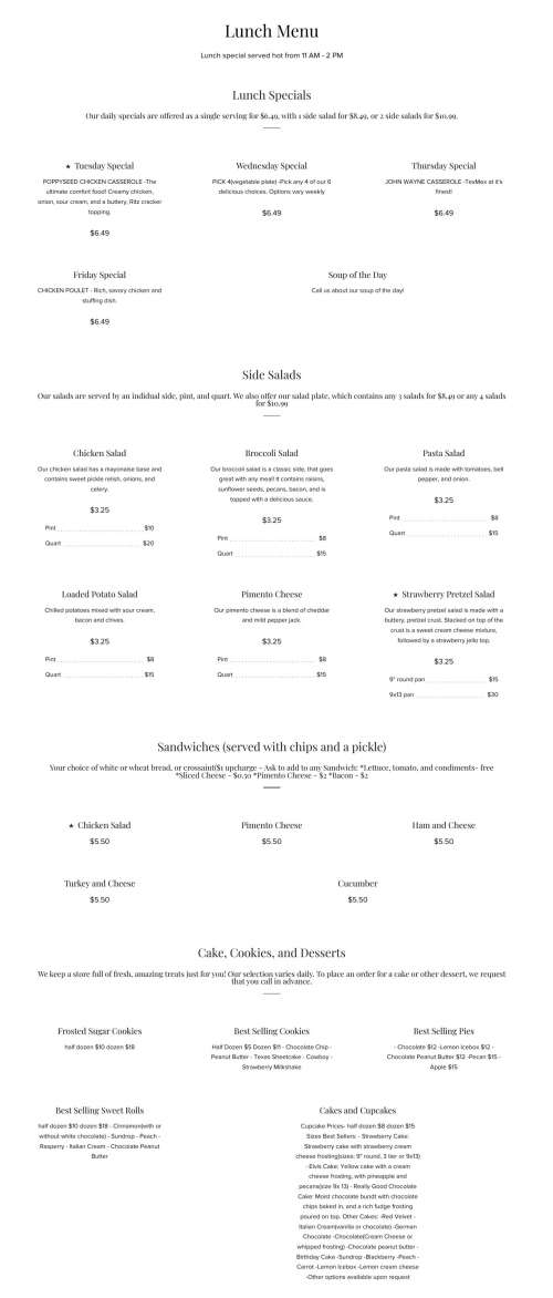 Suzanne's Bakery & Eatery menu in Athens, Alabama, USA