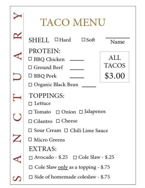 Sanctuary menu in Norfolk, Virginia, USA