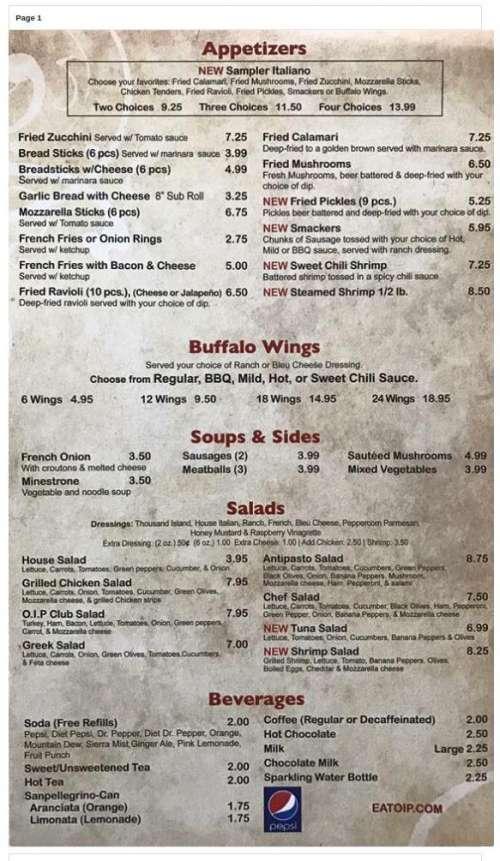 Original Italian Pizza menu in Lynchburg, Virginia, USA