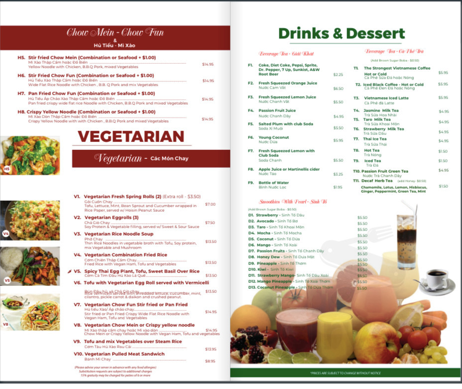 Pho Saigon Corner menu in Morgan Hill, California, USA