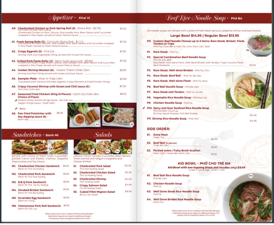 Pho Saigon Corner menu in Morgan Hill, California, USA