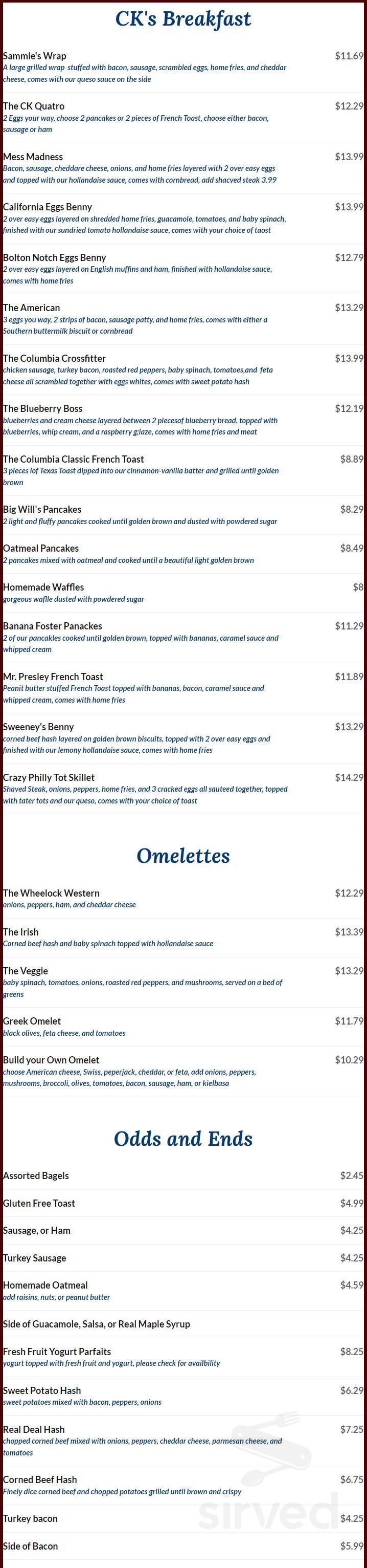 Columbia's Kitchen menu in Columbia, Connecticut, USA