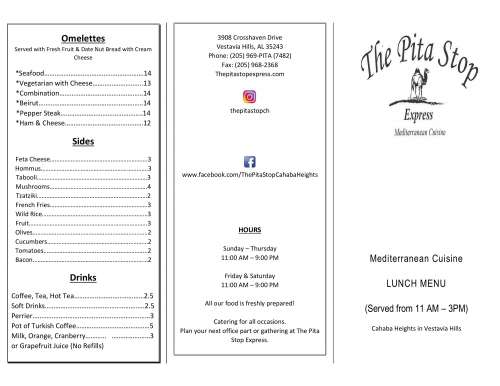 The Pita Stop Express menu in Vestavia Hills, Alabama, USA