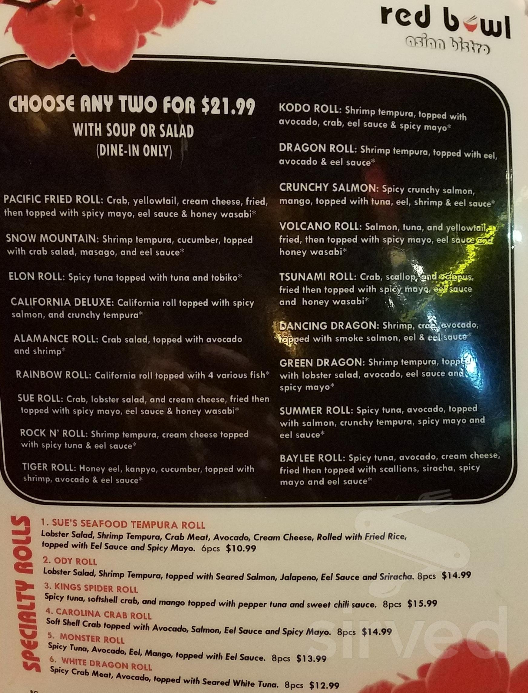 Red Bowl Asian Bistro menu in Burlington, North Carolina, USA