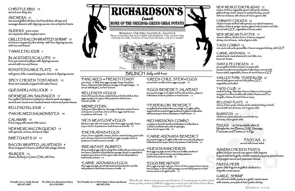 Menu for Richardson's Restaurant in Phoenix, AZ | Sirved