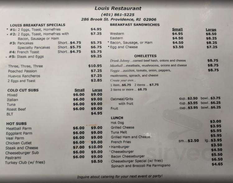 Menu for Louis Family Restaurant in Providence, RI | Sirved