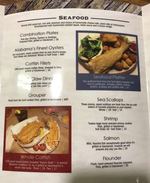 Hunt's Seafood Restaurant & Oyster Bar menu in Dothan, Alabama, USA