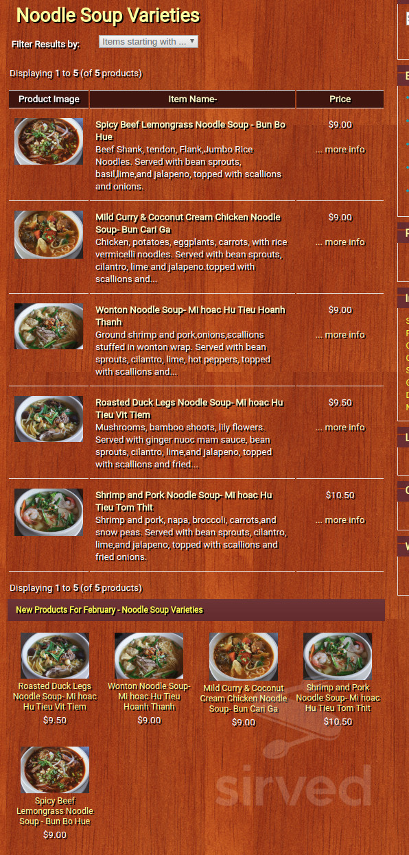 Phở Quyên Vietnamese Cuisine menu in Tampa, Florida, USA