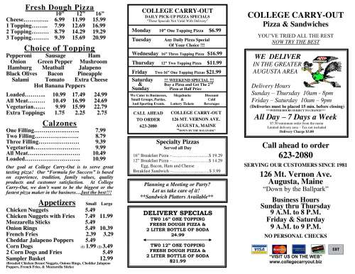 College Carry-Out menu in Augusta, Maine, USA