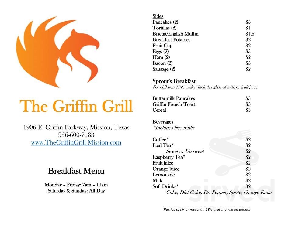 The Griffin Grill menu in Mission, Texas, USA
