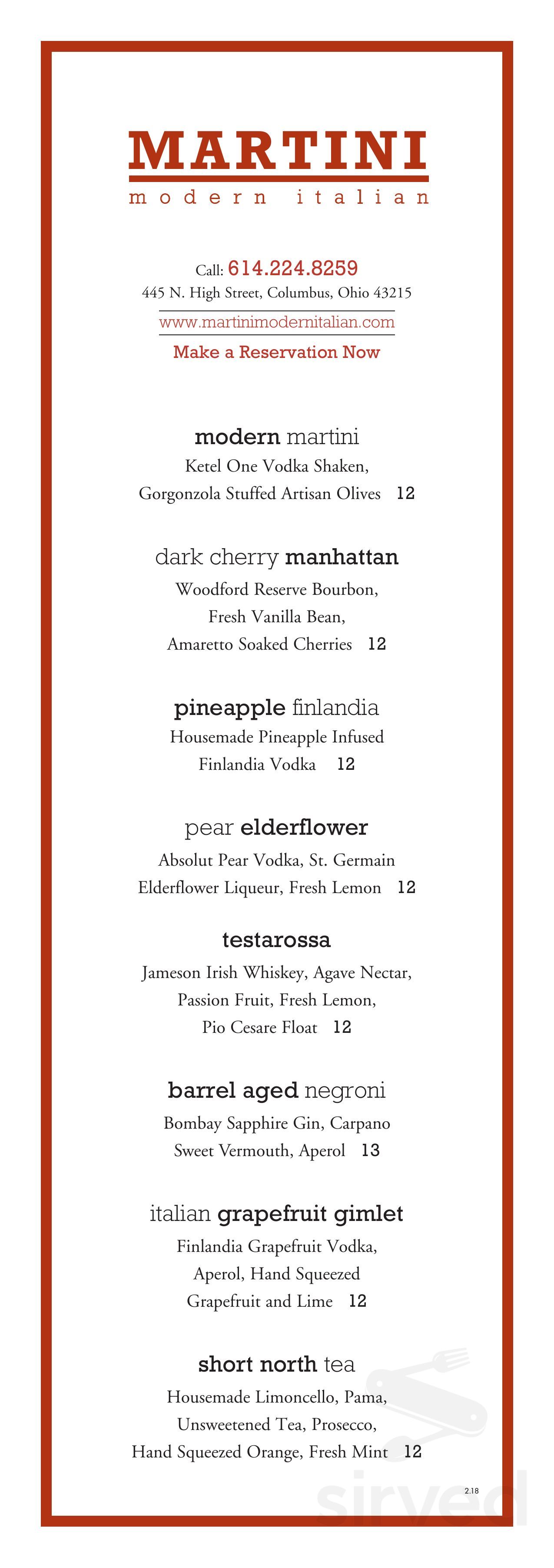 Martini Modern Italian menu in Columbus, Ohio, USA