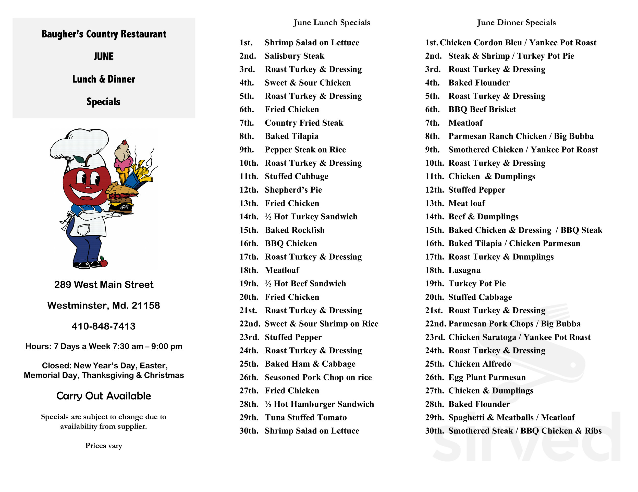 Baugher's Restaurant menus in Westminster, Maryland, United States