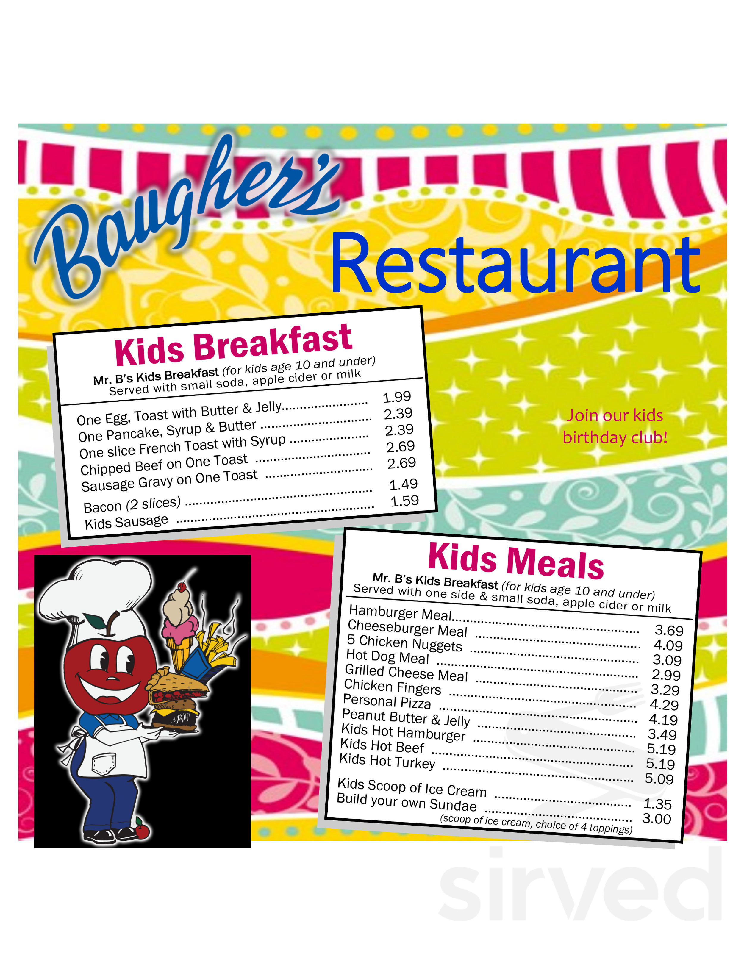 Menu for Baugher's Restaurant in Westminster, MD | Sirved