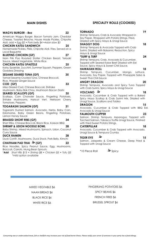 Bluefins menu in Falmouth, Massachusetts, USA