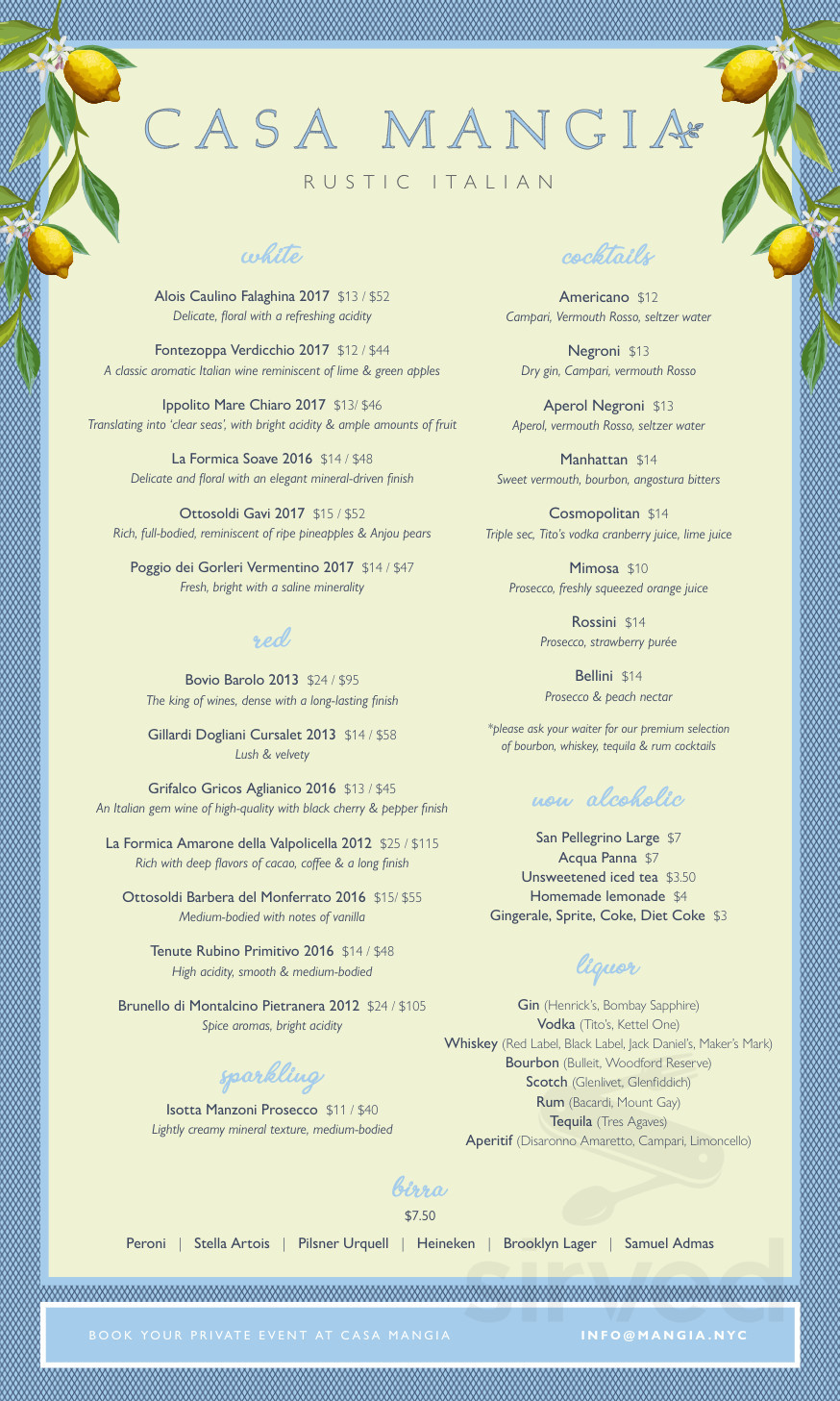 Casa Mangia menu in New York, New York, USA