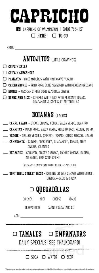 Menu for Capricho in Wilmington, NC | Sirved