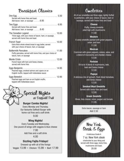 Daffodil Pub menu in Cornwall, Ontario, Canada