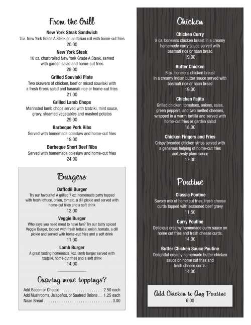 Daffodil Pub menu in Cornwall, Ontario, Canada