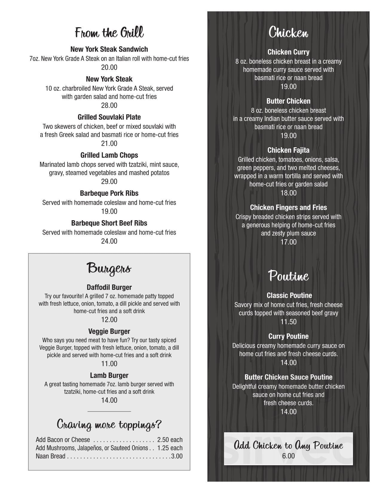 Daffodil Pub menu in Cornwall, Ontario, Canada
