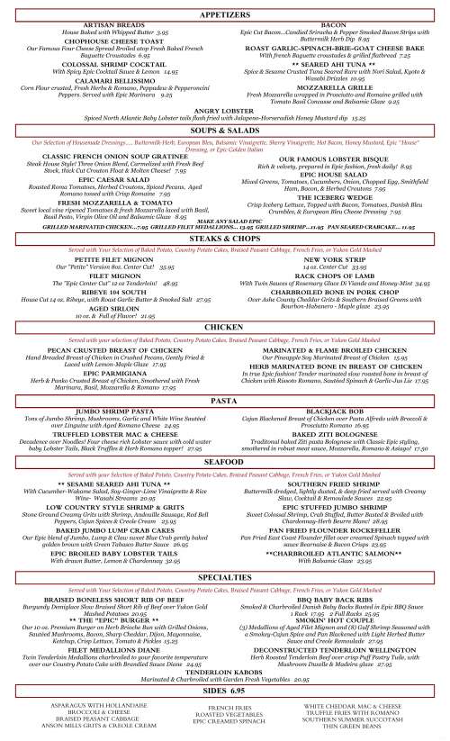 Epic Chophouse menu in Mooresville, North Carolina, USA