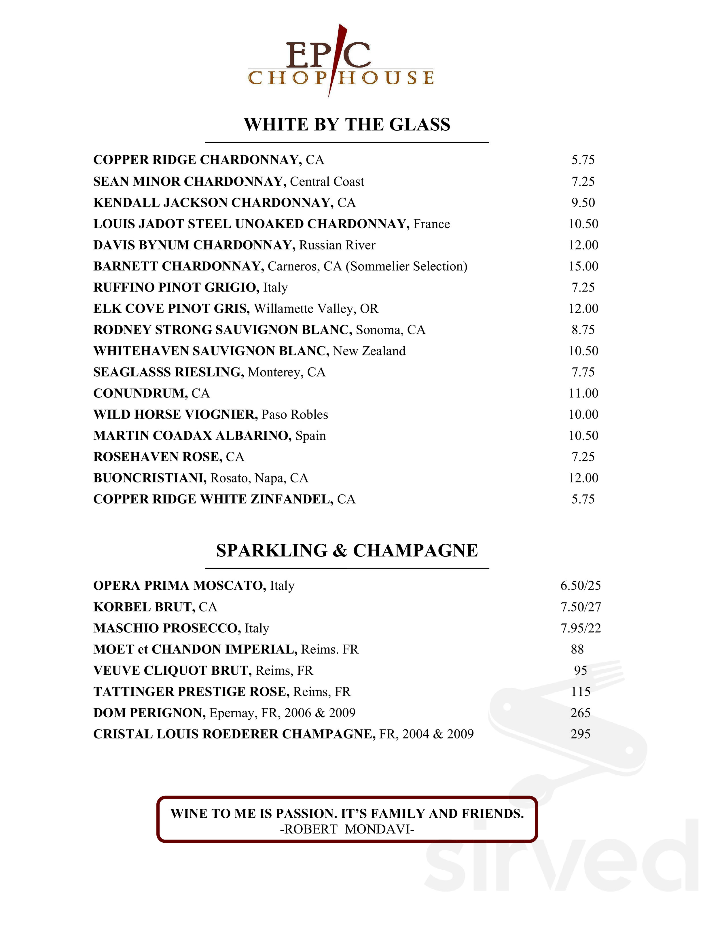 Epic Chophouse menu in Mooresville, North Carolina, USA