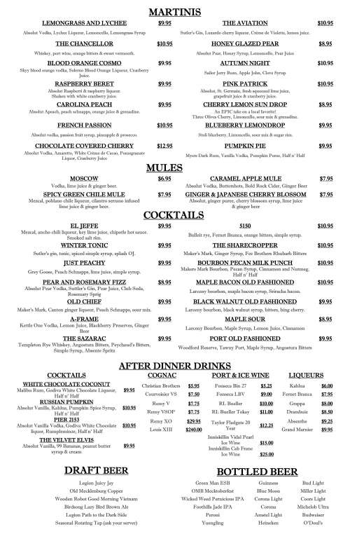 Epic Chophouse menu in Mooresville, North Carolina, USA