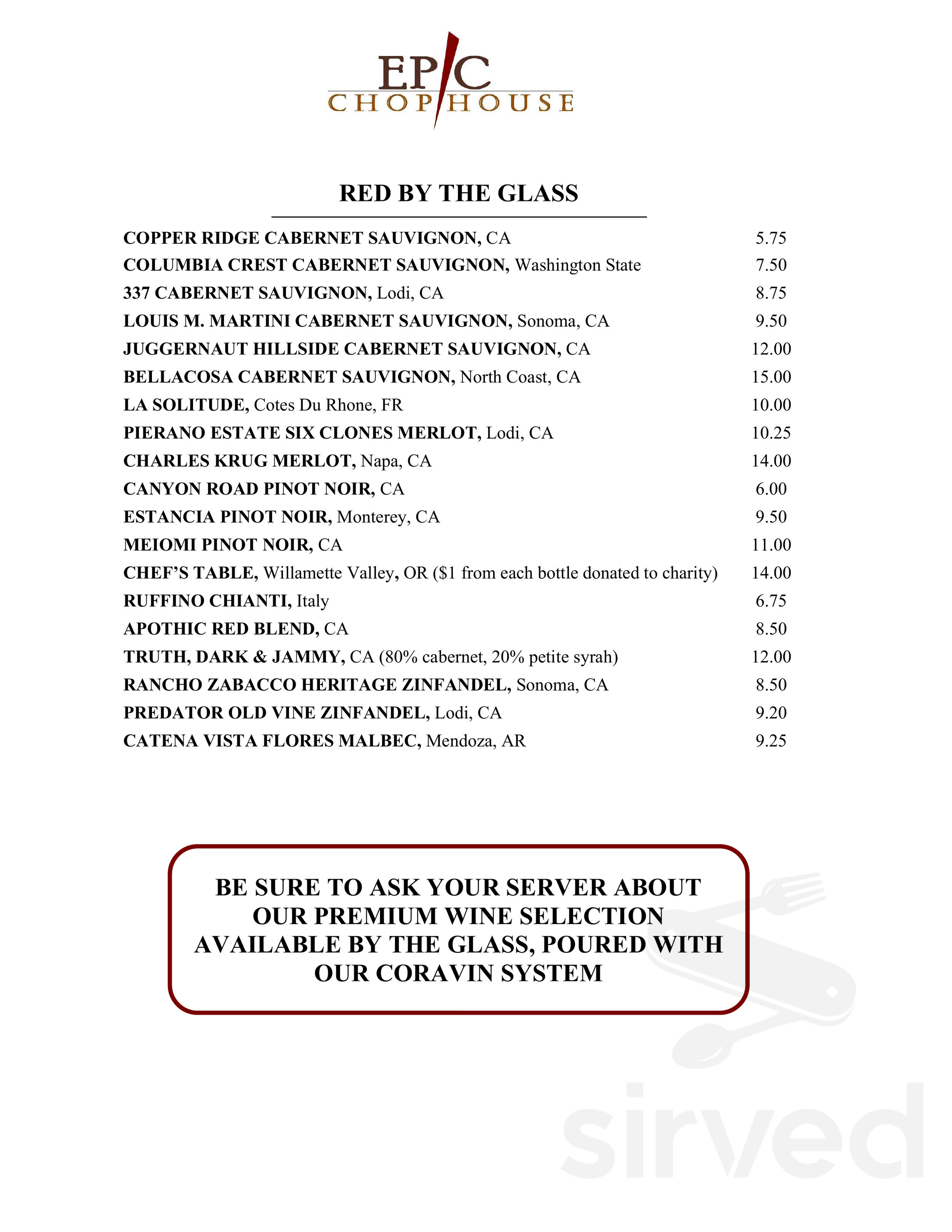 Epic Chophouse menu in Mooresville, North Carolina, USA