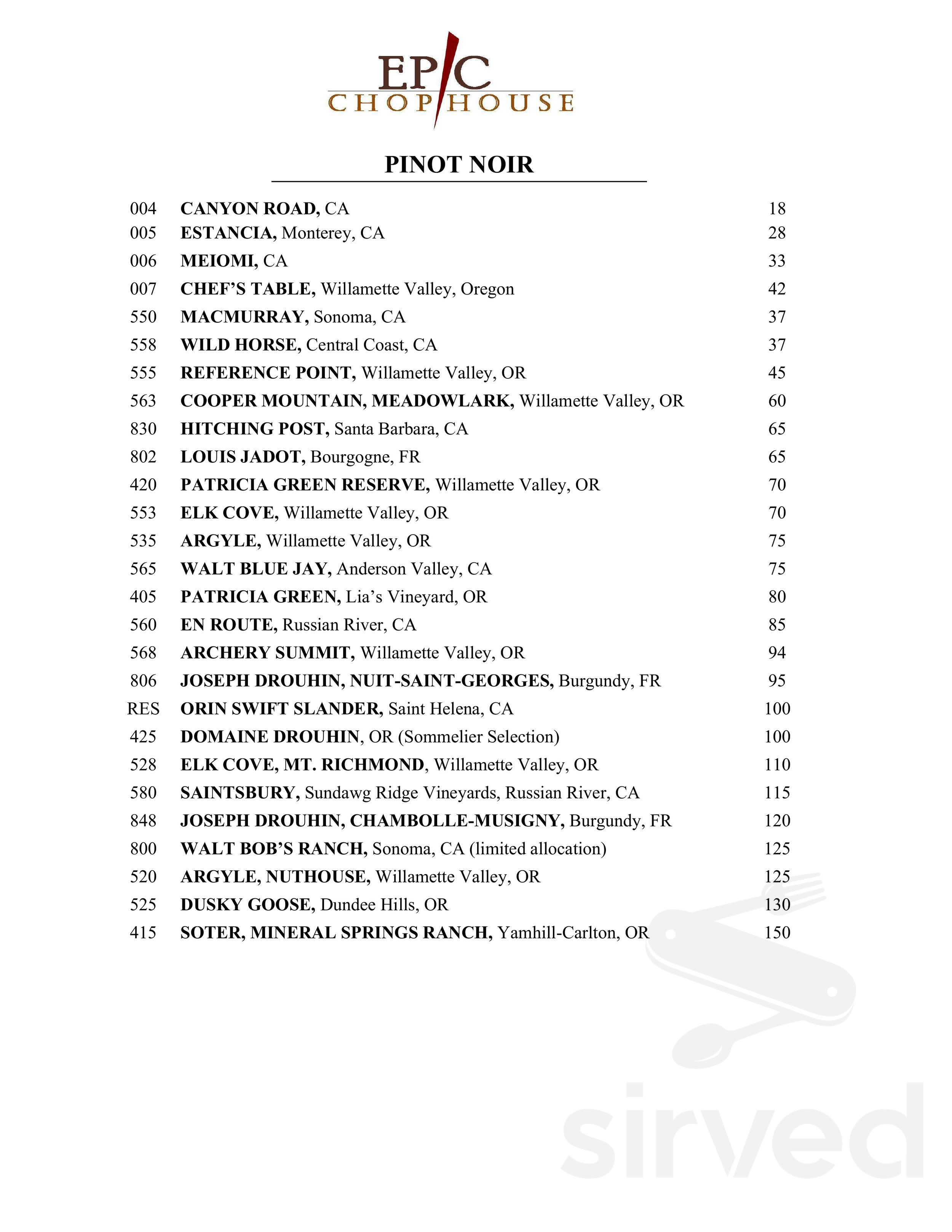 Epic Chophouse menus in Mooresville, North Carolina, United States