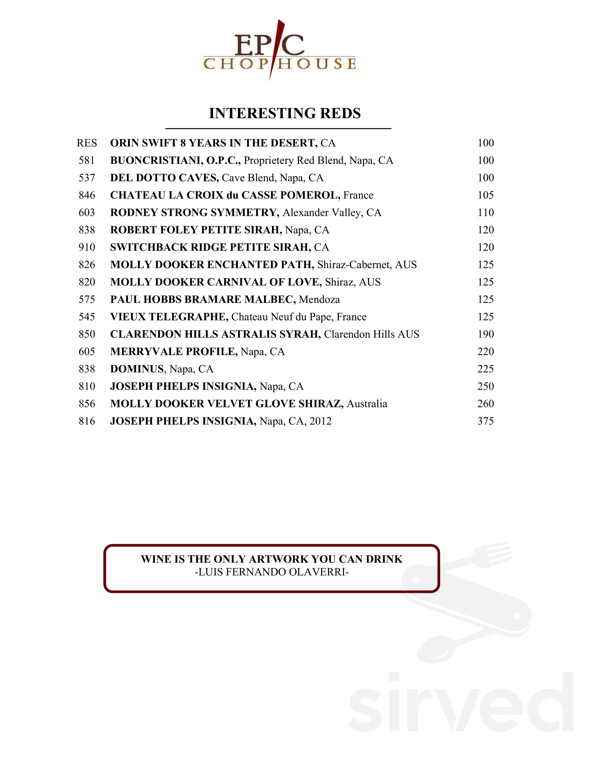 Epic Chophouse menus in Mooresville, North Carolina, United States