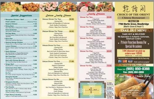 Choice Of The Orient Chinese Restaurant menu in Woodbridge, Ontario, Canada