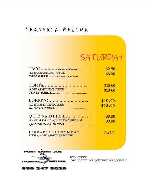 Taqueria Melina menu in Port St Joe, Florida, USA