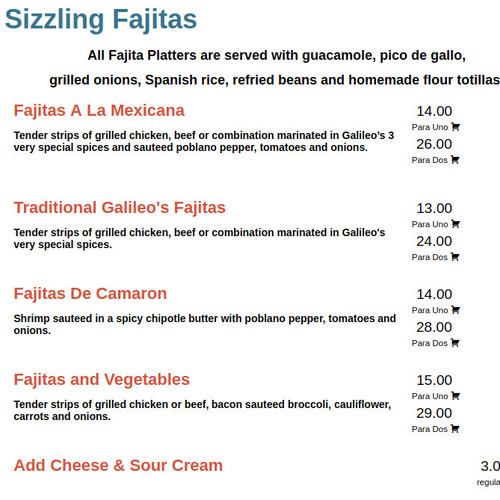Galileo's Mexican Grill menu in Bellville, Texas, USA