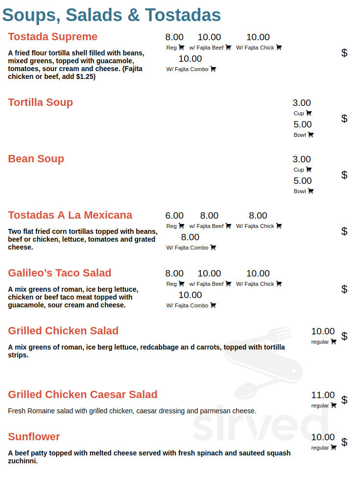Galileo's Mexican Grill menu in Bellville, Texas, USA
