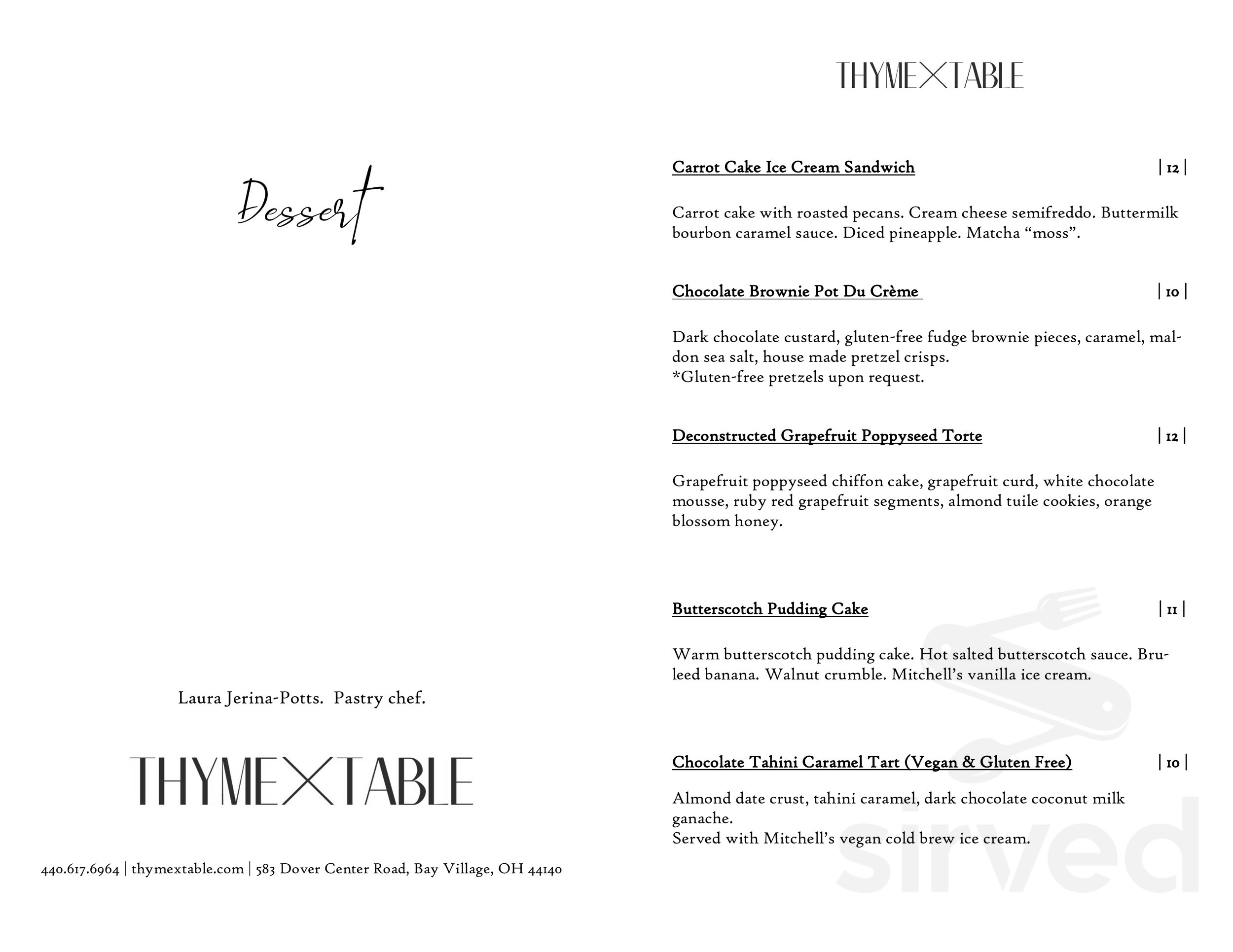 Thyme Table menu in Bay Village, Ohio, USA