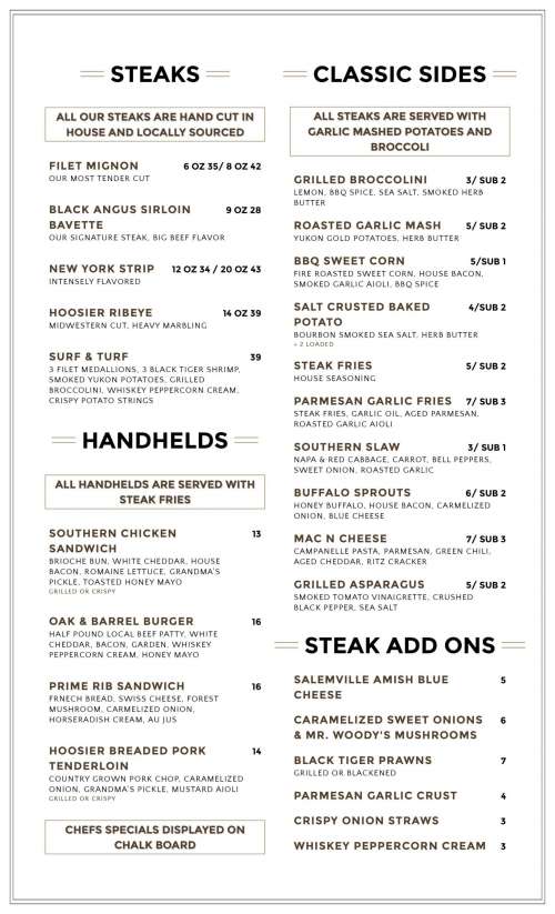 Oak & Barrel menu in Monticello, Indiana, USA