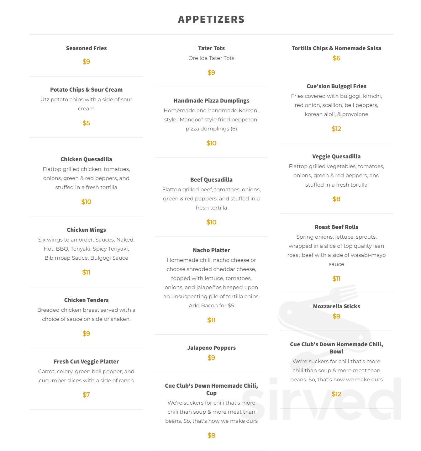 Cue Club Cafe menu in Annandale, Virginia, USA