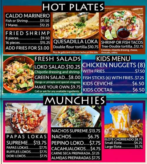 Coco Loko menu in El Paso, Texas, USA