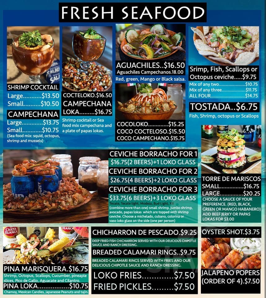 Coco Loko menu in El Paso, Texas, USA