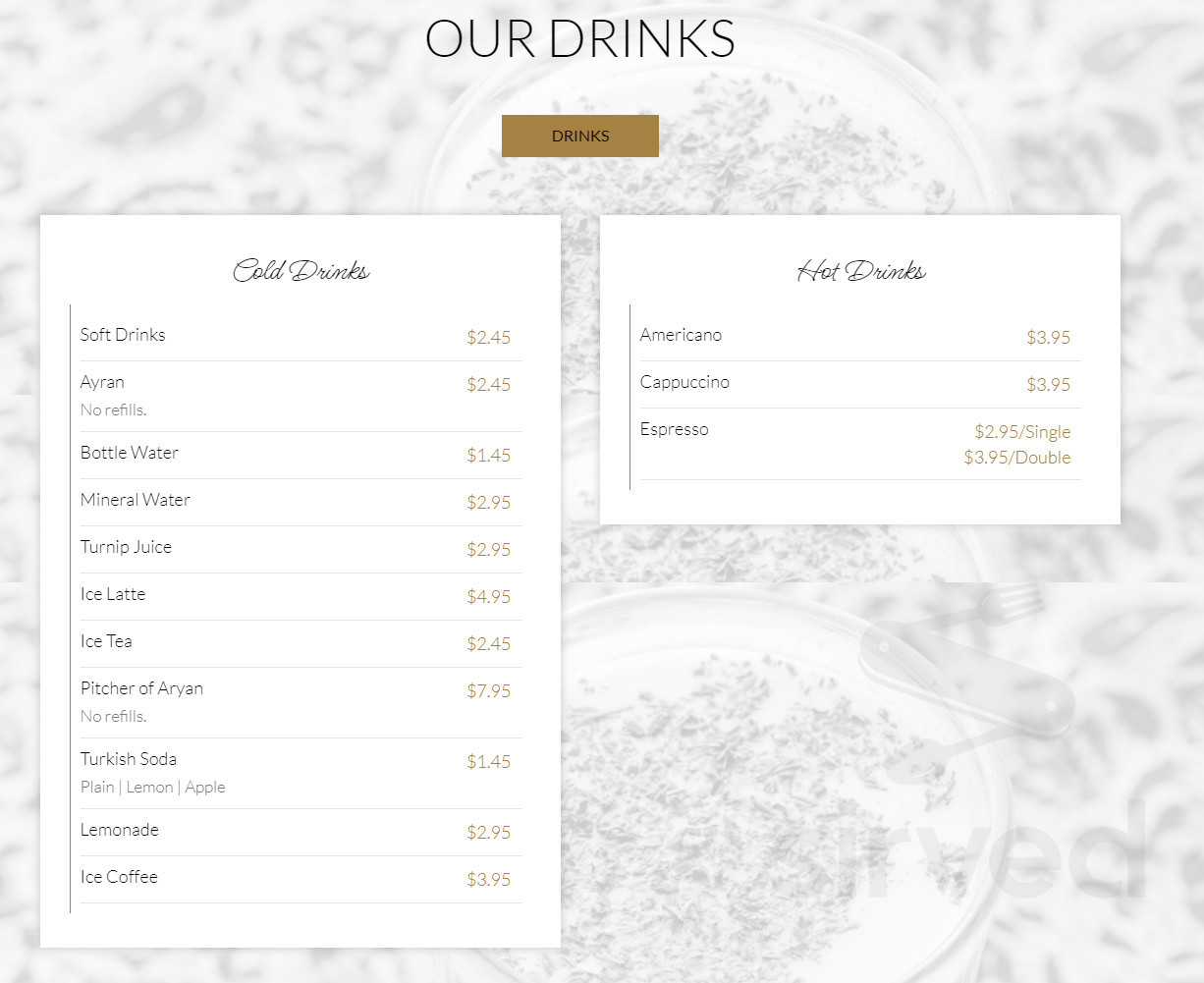 Hayat menu in Houston, Texas, USA