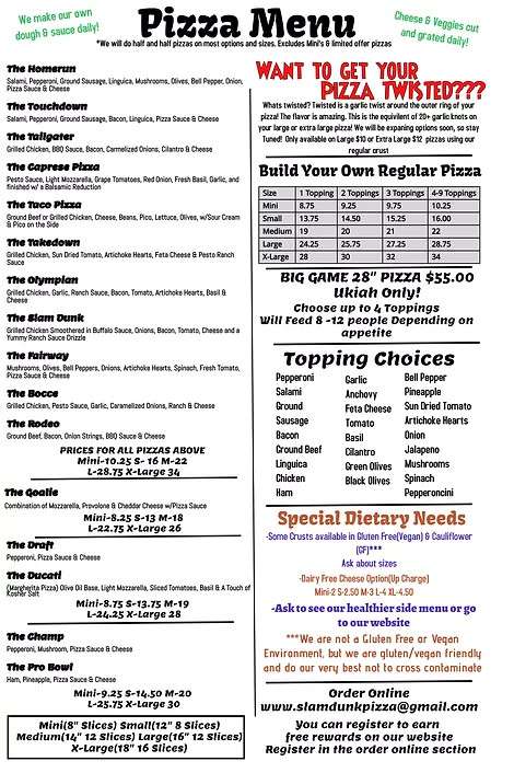 Slam Dunk Pizza menu in Ukiah, California, USA