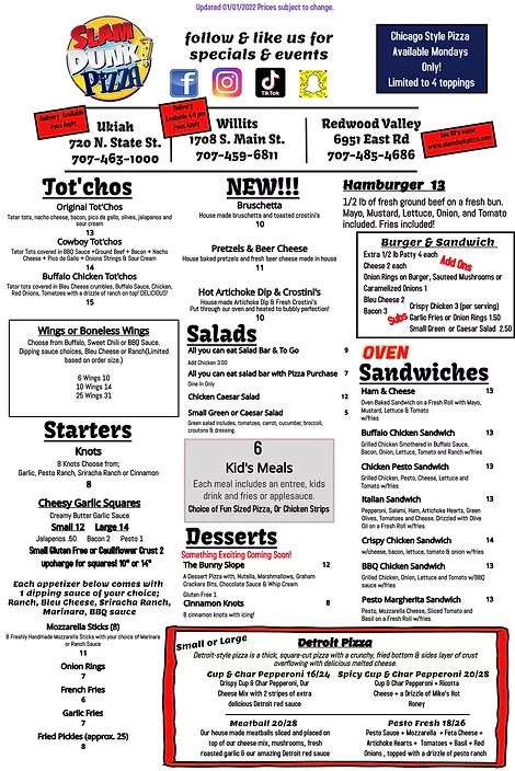 Slam Dunk Pizza menu in Willits, California, USA