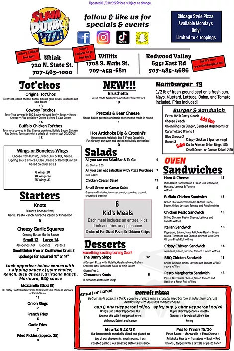Slam Dunk Pizza menus in Ukiah, California, United States