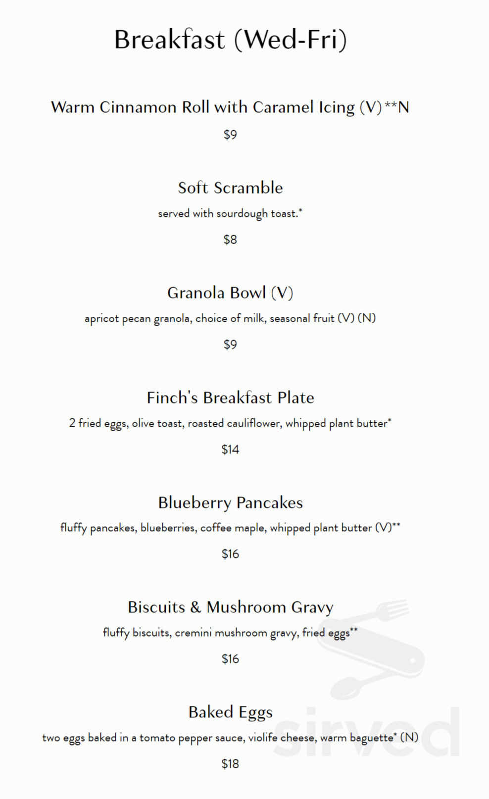 Finch & Pine menu in Seattle, Washington, USA