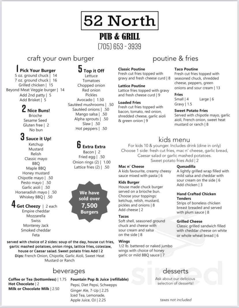 52 North Pub & Grill menu in Campbellford, Ontario, Canada