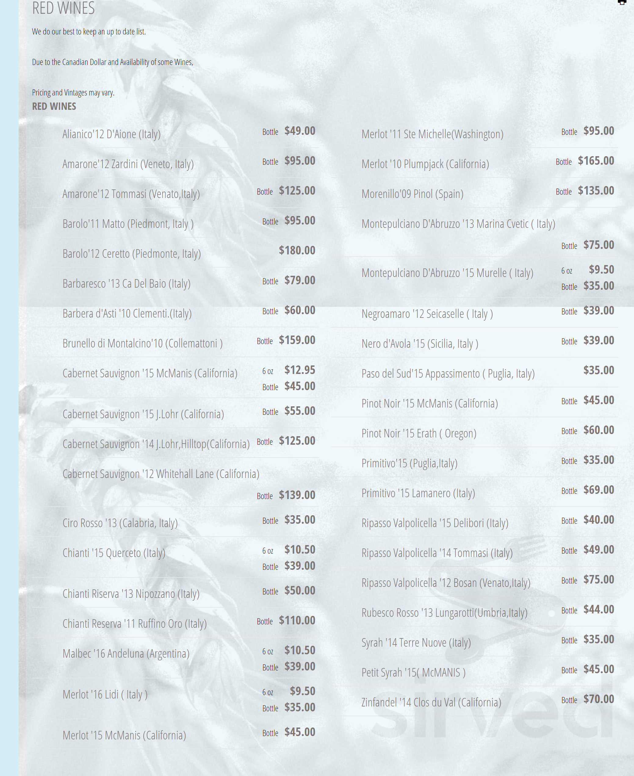 Farro Ristorante menu in Maple, Ontario, Canada