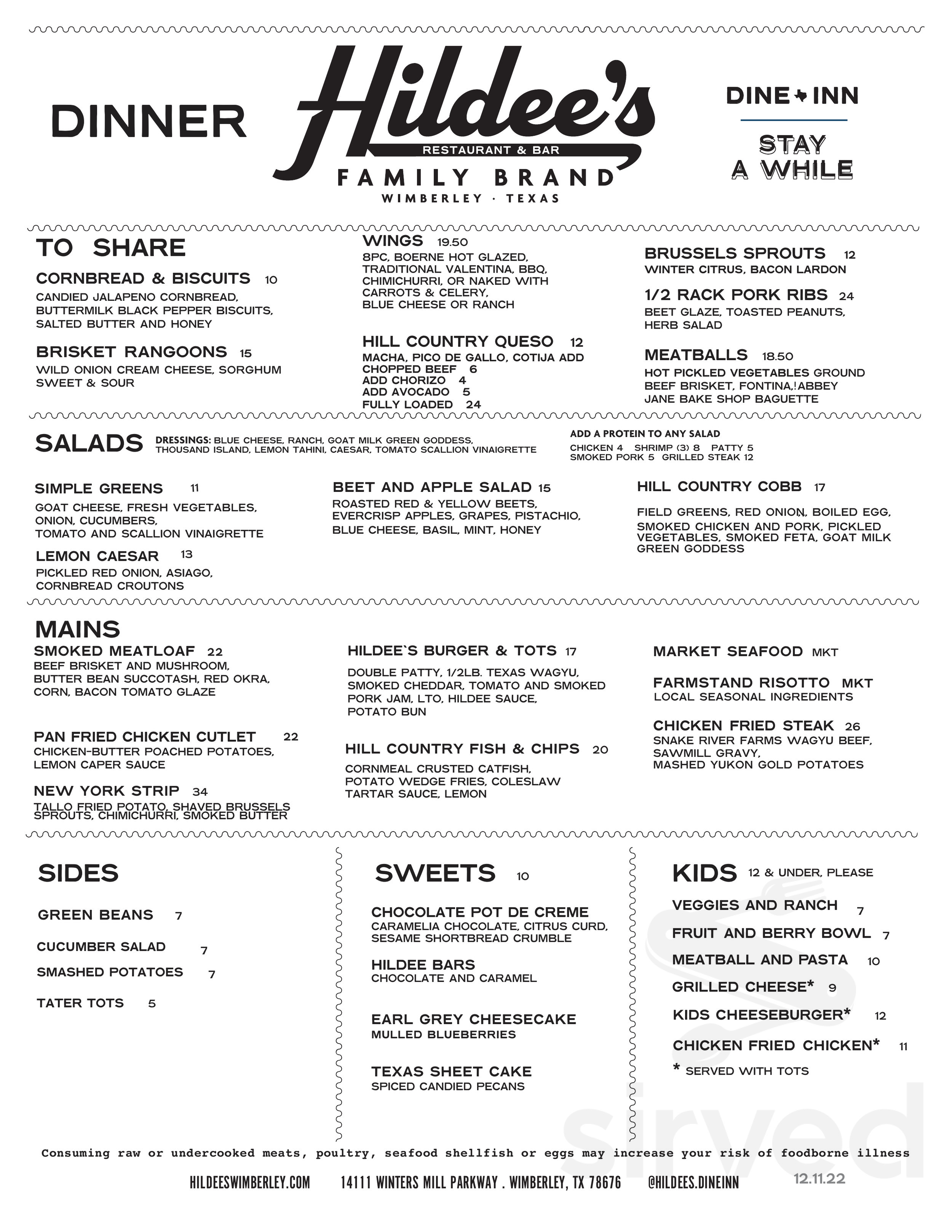 Hildee's Restaurant & Bar Menu - Wimberley, Texas | Sirved