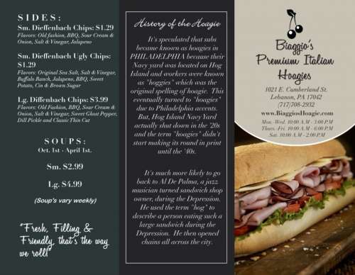 Biaggio's Premium Italian Hoagies menu in Lebanon, Pennsylvania, USA