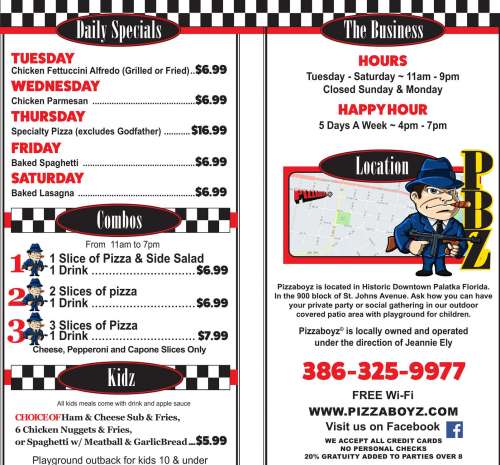 Pizza Boyz menu in Palatka, Florida, USA