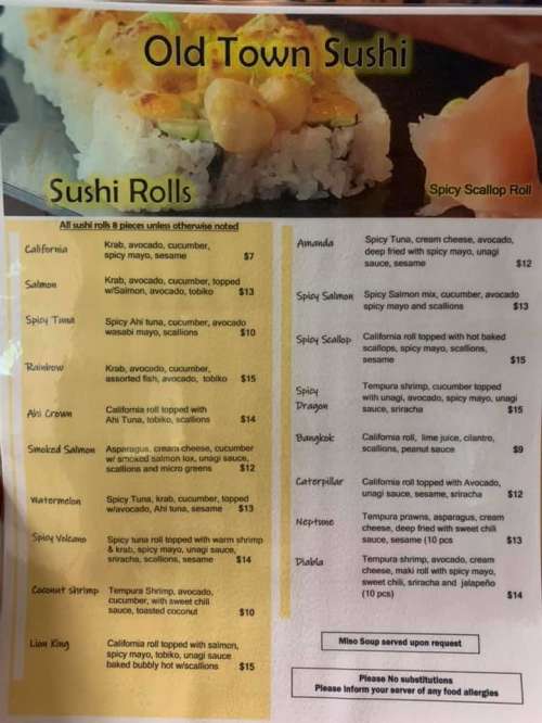 Old town sushi menu in Lewiston, Idaho, USA